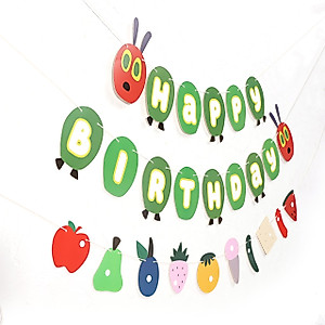 Hungry Caterpillar Happy Birthday Banner - Caterpillar Themed Birthday Party Decorations,Hungry Caterpillar Birthday Fruit Garland,Caterpillar Cake Smash Party Decor,First Birthday Photo Props