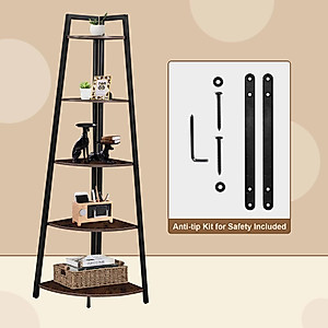 BETTAHOME 5 Tier Corner Stand, 70'' Tall Corner Ladder Shelf, Ideal for Books, Plants, Storage, Display Shelving Unit for Living Room, Bedroom, Kitchen, Rustic Brown