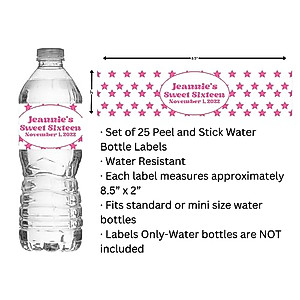 Personalized Water Bottle Labels, Birthday Party Favors, Pink Star Design, Pack of 25 Peel and Stick Waterproof Wrappers