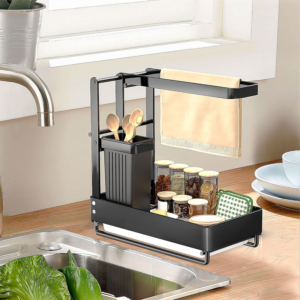 Yawinhe Sponge Holder, Sink Caddy Organizer with Detachable Brush Rack, Kitchen Accessories for Organization, Stainless Steel, Black