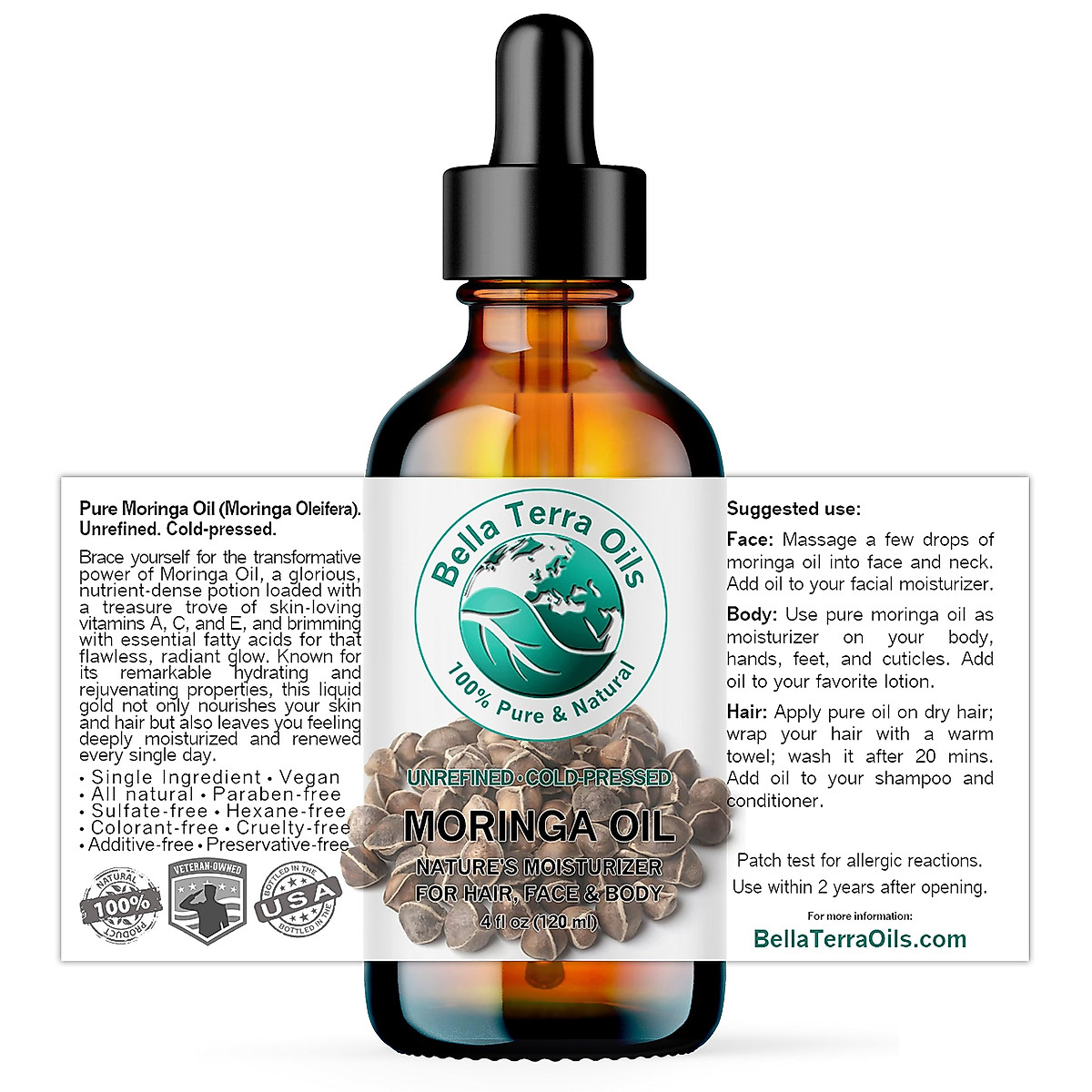 Bella Terra Oils - Organic Moringa Oil 4 oz - Celebrating Pure Premium Organic Moringa, Enriched with Antioxidants, Best for Nourishing Skin’s Natural Glow