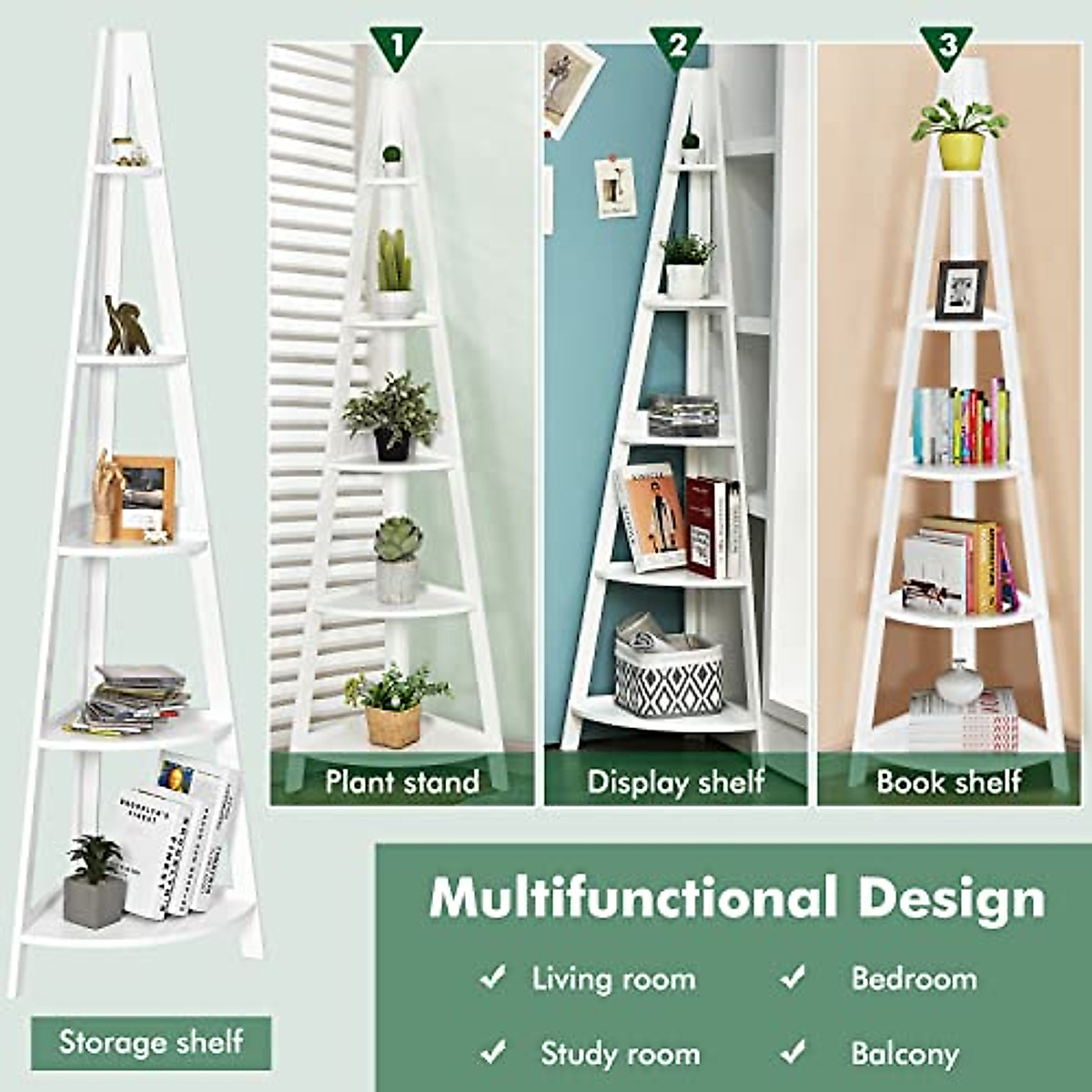 Tangkula 5 Tier Corner Shelf, 69 Inch Tall Corner Bookshelf, 5 Shelf Small Bookcase, Wooden A-Shaped Display Storage Rack, Corner Ladder Shelf Plant Stand for Living Room Home Office