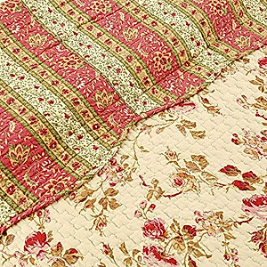 Cozy Line Home Fashions Rose Garden Vintage Floral Pink Khaki Scalloped Cotton Reversable Quilted Throw Blanket (60"x 50" inch)