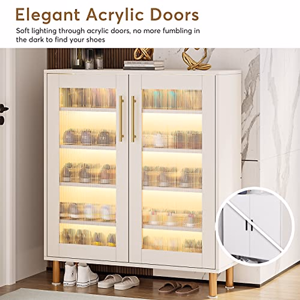 Tribesigns Shoe Cabinet with Acrylic Doors and LED Light, 24 Pairs Entryway Shoe Organizer Storage Rack with 5-Tier Adjustable Shelves for Narrow Closet, Hallway, Living Room (White & Gold)