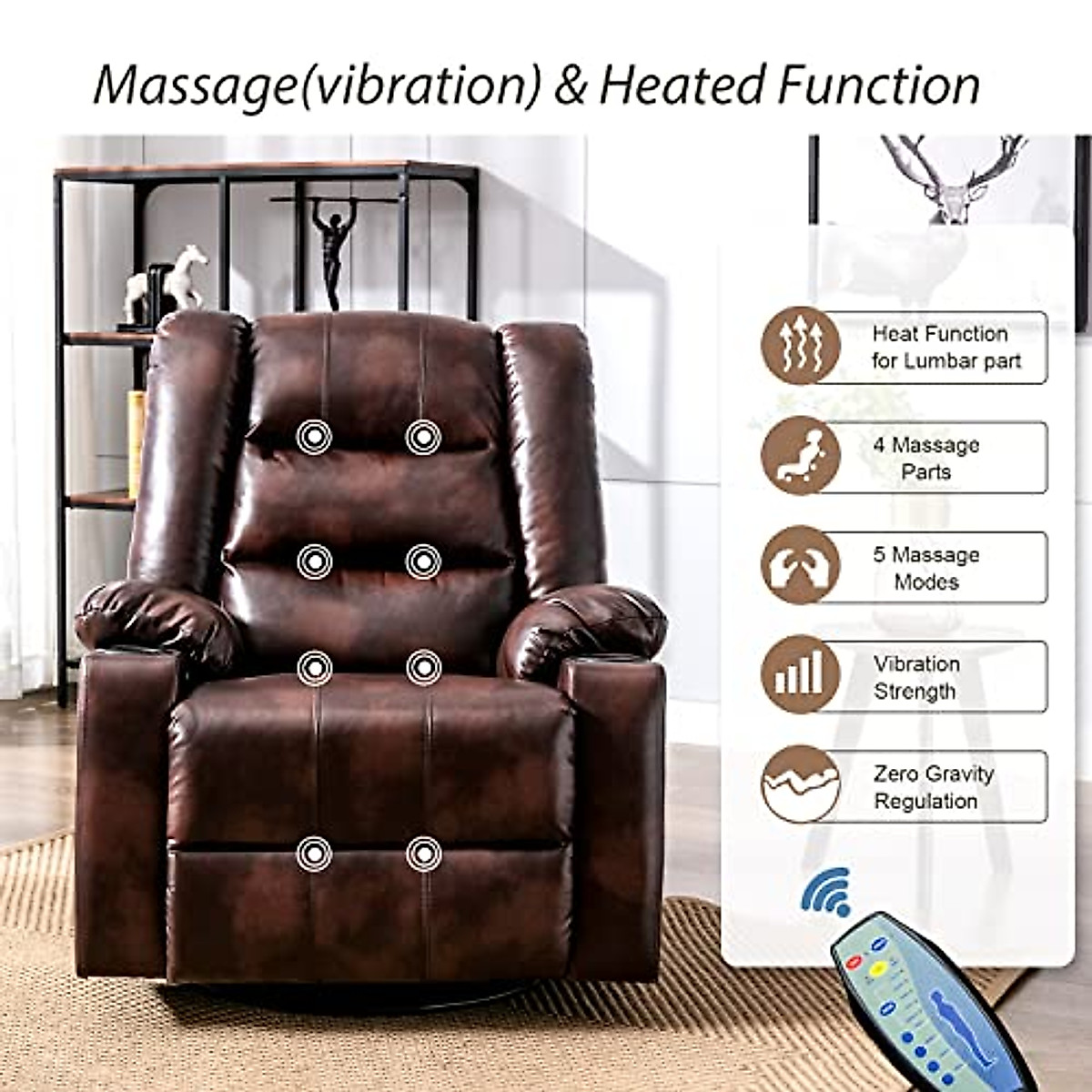 COMHOMA Massage Recliner Chair with Speaker Pu Leather Home Theater Recliner Chair with Heat Rocker Recliner with Heated Massage Ergonomic Lounge Swivel Cup Holder for Living Room Brown