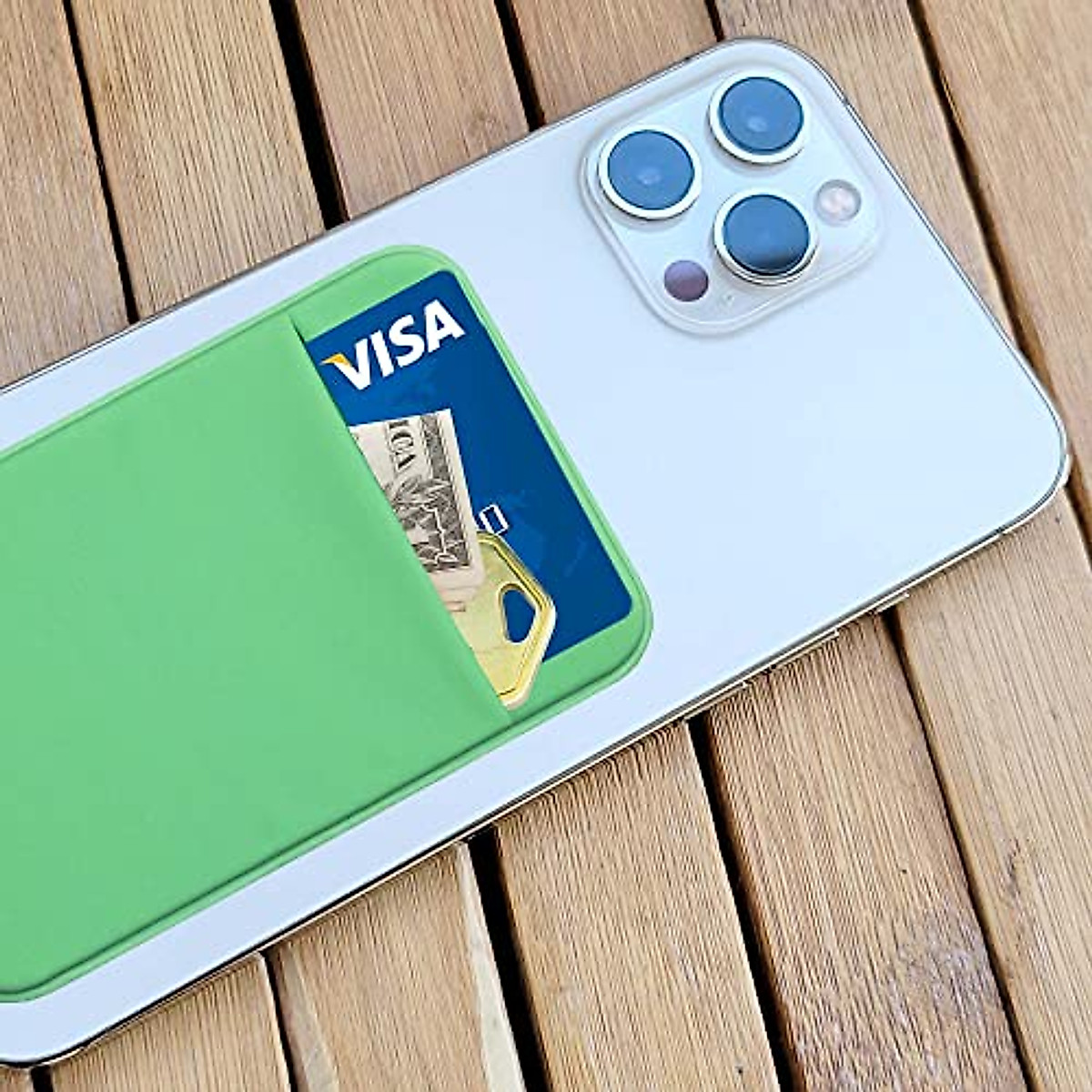 Elastic Phone Card Holder Pocket, Stick-On Wallet, Adhesive Credit Card Pouch, Phone Accessories, Compatible With iPhone, Samsung Galaxy – Light Green