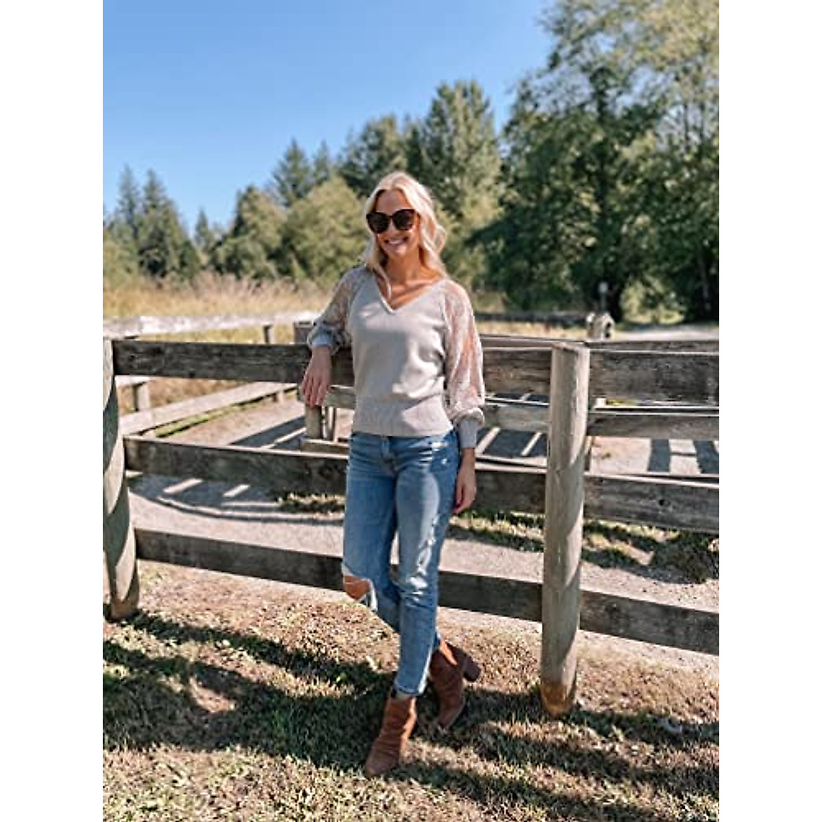 ZCSIA Women's Long Sleeve V Neck Lace Patchwork Solid Color Ribbed Knit Pullover Sweater Tops,SolidGrey,Small