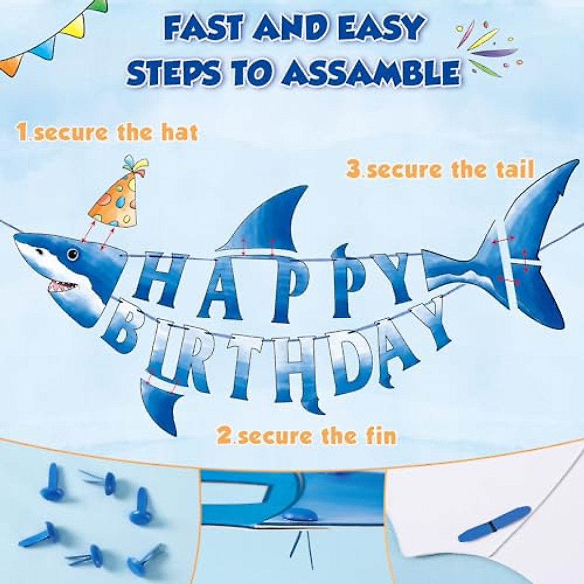 WERNNSAI Shark Happy Birthday Banner - Shark Party Decorations for Kids Boys Pre-strung Shark Birthday Banner Ocean Theme Party Supplies Beach Under The Sea Theme Party Hanging Wall Decor