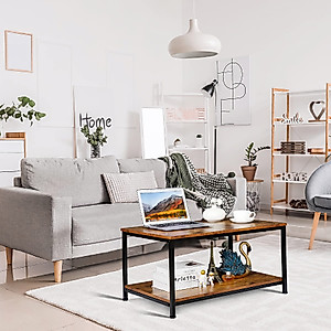 ZenStyle Industrial Coffee Table with Storage Shelf for Living Room, Wood Look Accent Furniture with Vintage Wooden Board Stable Metal Frame Cocktail Table 2-Tier Tea Table (Retro Brown)