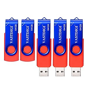 VASTDIGI 64GB USB Flash Drives 5 Pack USB 2.0 Flash Drive Swivel Memory Stick Thumb Drives with LED Light for Data Storage and Backup