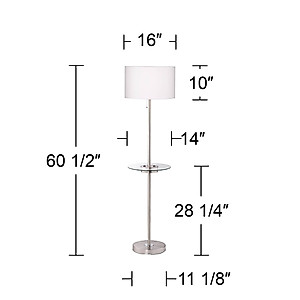 360 Lighting Caper Modern Floor Lamp with Tray USB and AC Power Outlet on Table Glass 60.5" Tall Satin Nickel White Fabric Drum Shade for Living Room Reading House Bedroom