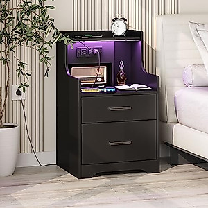 Vabches Nightstand with Charging Station & LED Lights, Black Nightstand with 2 Drawers and Open Storage, Bed Side Table Night Stand for Kids Bedroom Living Room,Small Bedside Table for Toddlers