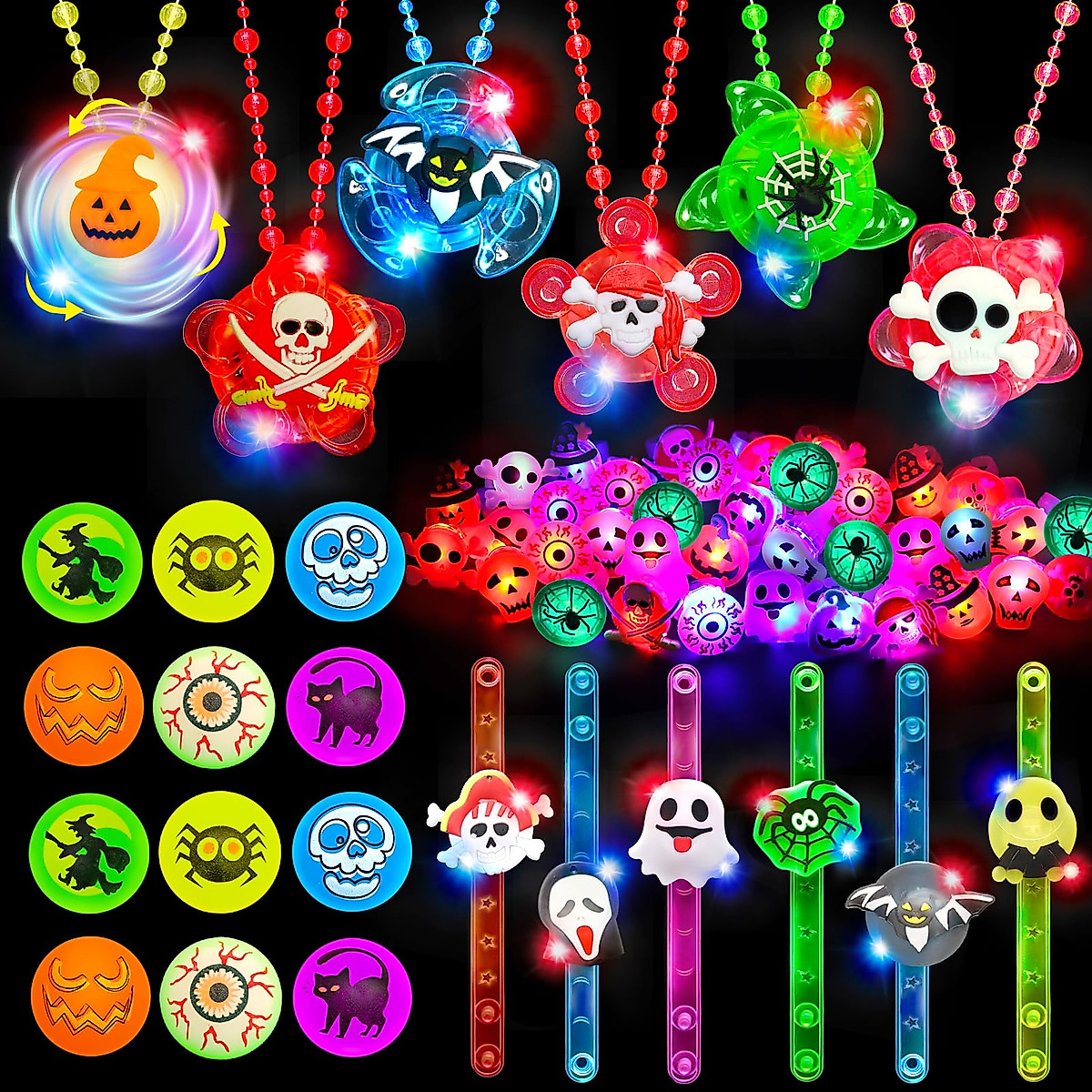 64Pcs Halloween Party Favors for Kids, Glow in The Dark Halloween Toys Bulk Light Up Rings Necklaces Bracelet Halloween Goodie Bag Fillers Stuffers Halloween Treats for Classroom Prizes Trick or Treat