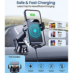 Wireless Car Charger, MOKPR 3 in1 Long arm Car Mount, 15W Auto Clamping Car Charger Dash Windshield Air Vent Phone Holder Compatible with iPhone 15/14/13/13 Pro/12 pro/12/11/X, Samsung S23/S22/S21,etc