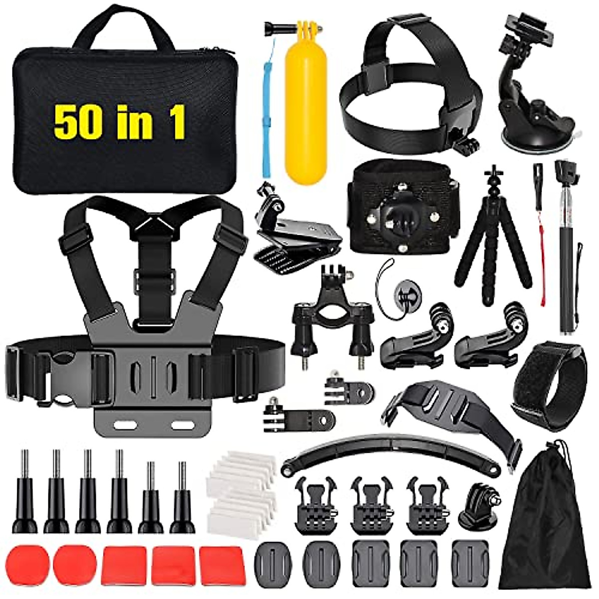 GAMSOD Action Camera Accessories Kit Compatible with Go Pro 11 10 9 8 7 6 5 4 Gopro Max Yi DJI Insta360 AKASO Campark XTU Camworld Sport Cameras (50 in 1)