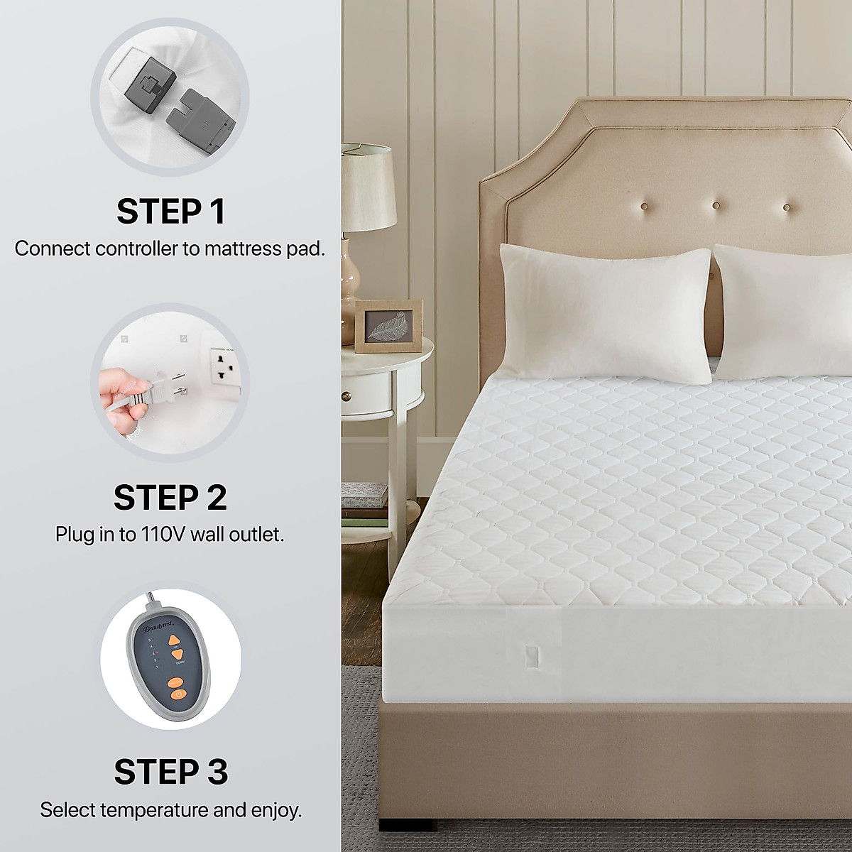 Beautyrest Cotton Blend Heated Mattress Pad Secure Comfort Technology - Luxury Quilted Electric Mattress Pad with Deep Pocket - 5-Setting Heat Controllers, Twin XL , White