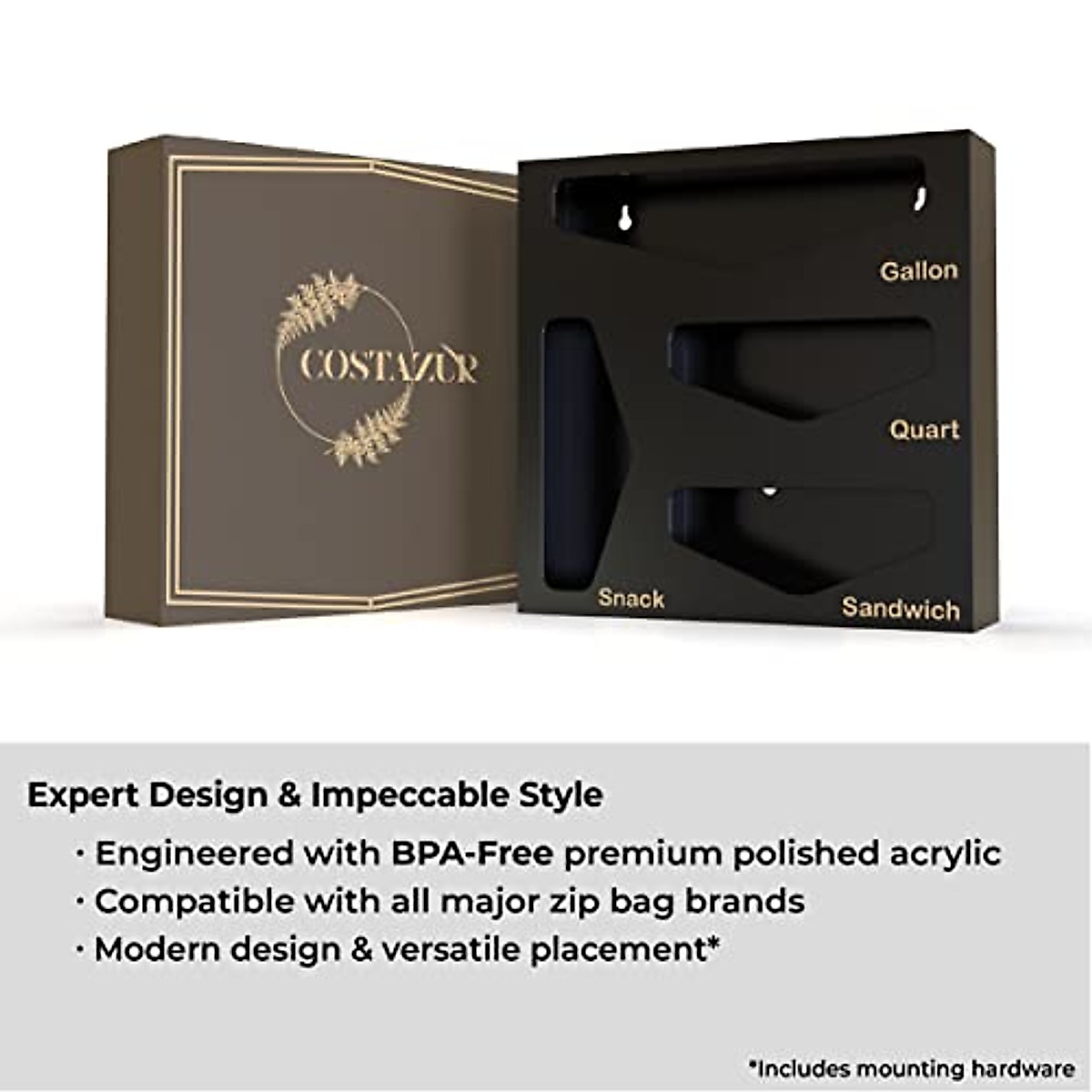 COSTAZUR Ziplock Bag Storage Organizer- Acrylic Black - Bag Organizer for Snack, Sandwich, Quart & Gallon Size - Fits in Kitchen Drawer, Cabinet or Wall Mount with Hardware - Housewarming Gift