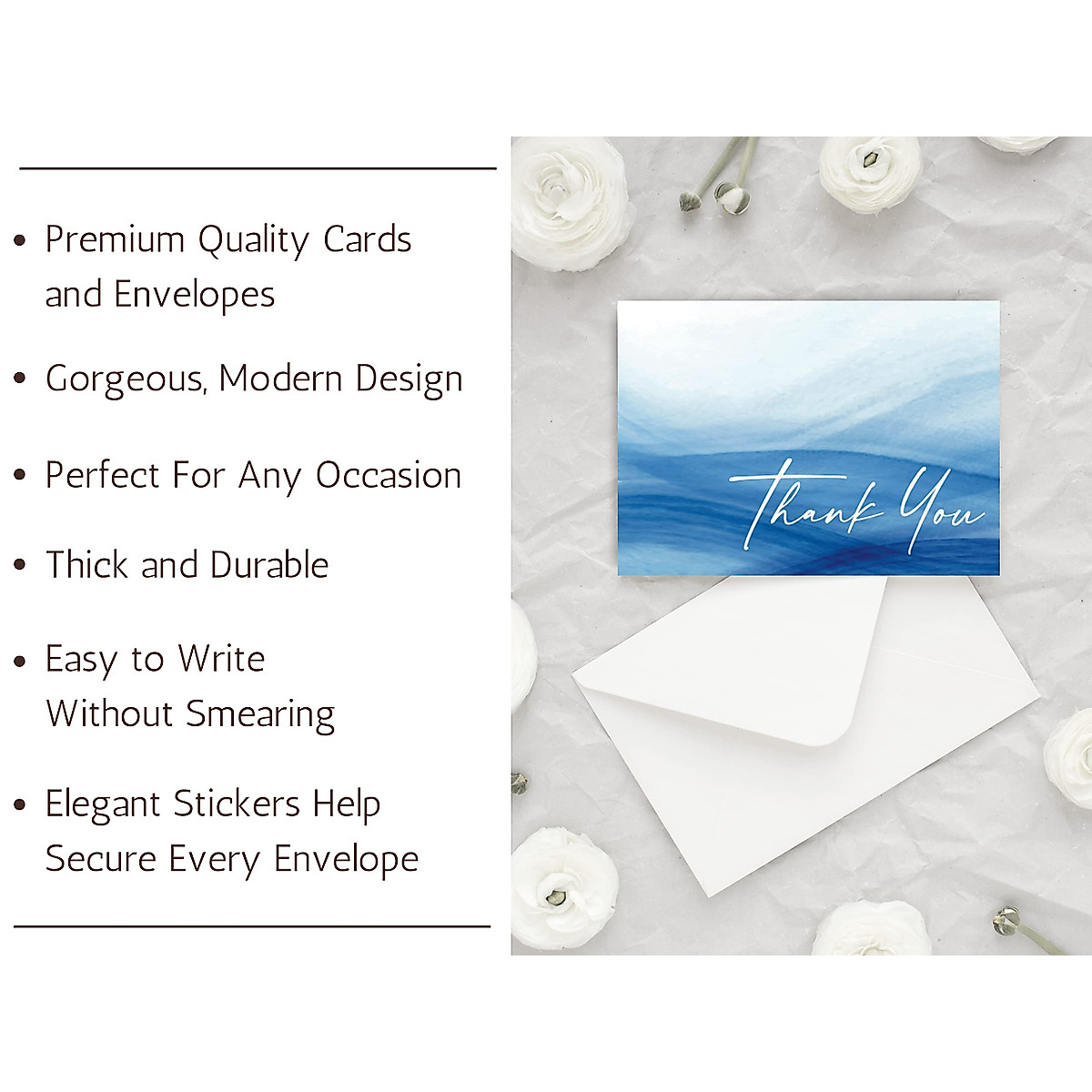 50 Pcs Thank You Cards With Envelopes Premium Quality Classy Thank You Notes Cards For All Occasions, Wedding, Baby Shower, Bridal Shower, Birthday, Engagement, Funeral, Beautiful Minimalistic Design, Blue With White Letters Bulk 4x6