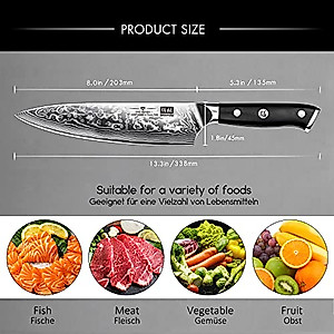 SHAN ZU Chef Knife 8 Inch Japanese Steel Damascus Kitchen Knife, Professional Kitchen Knives Sharp High Carbon Super Steel Kitchen Utility Knife
