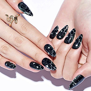 GLAMERMAID Winter Press on Nails Almond,Black Gel False Nails with tree Design,24 PCS Glue on Nails,Reusable Acrylic Stick on Nails Tips Manicure Set for Women Girls Gift