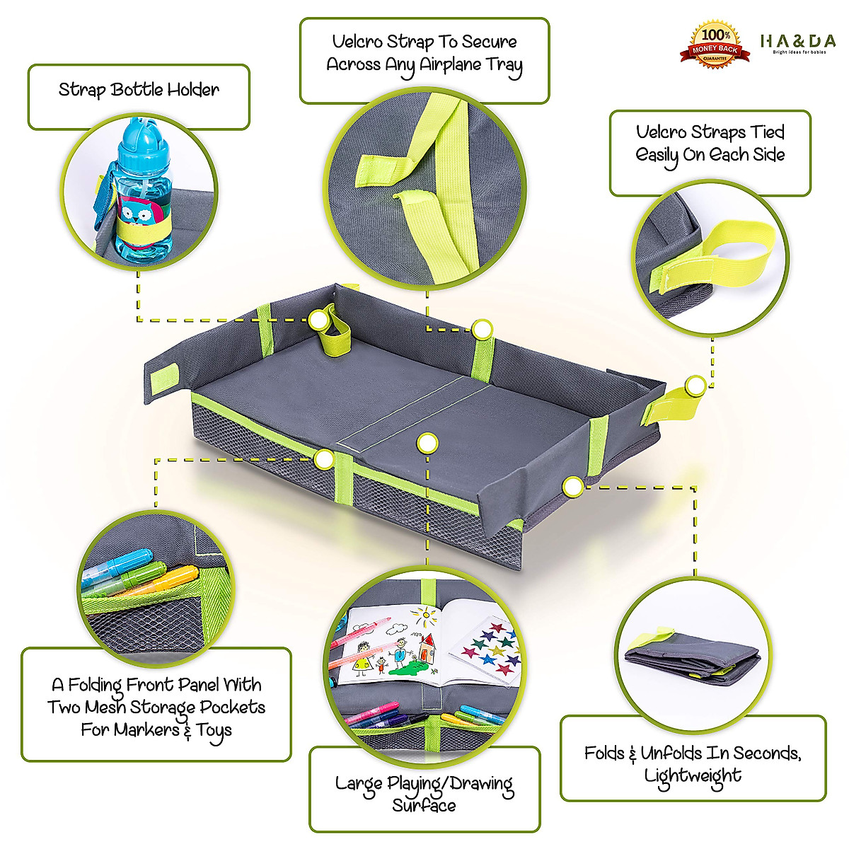 Ha&Da Foldable Kids and Adults Travel Tray Cover for Airplane Tray Table - Play Space and Snack Desk for Airplane Travel. Toddlers and Children, Unisex - Compact Light Portable