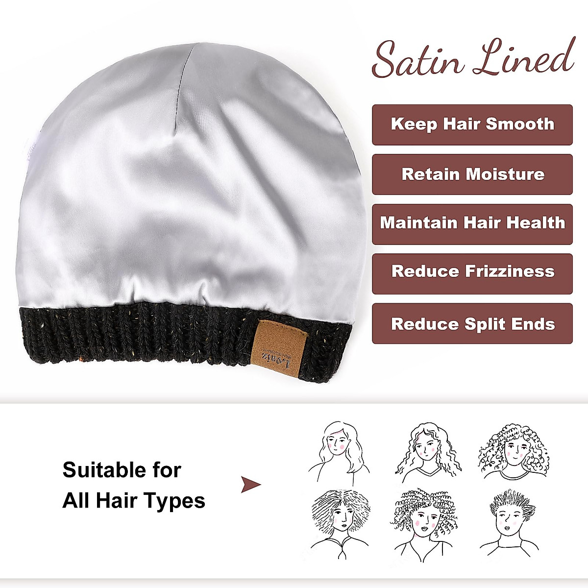 Winter Knitted Satin Lined Hats for Women Slouchy Cable Beanie Silky Soft Washed Warm Hat Black