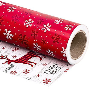 WRAPAHOLIC Reversible Christmas Wrapping Paper - Mini Roll - 17 Inch X 33 Feet - Red White Snowflakes and Reindeer Design for Holiday, Party, Celebration