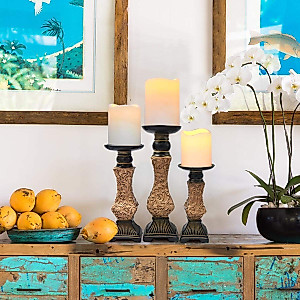 G-mart Set of 3 Gold Resin Pillar Candle Holders -12" H,10" H,8" H,Ideal for LED and Pillar Candles