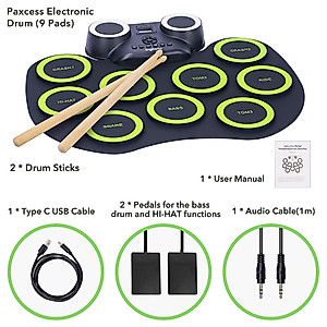 Electronic Drum Set, 9 Drum Pads, Roll up Electric Drum Set with Headphone Jack, Built-in Dual Speaker, Drum Stick, Foot Pedals, Best Gift for Christmas Holiday Birthday