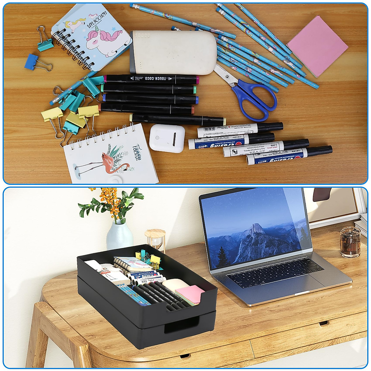 EsOfficce Letter-Size Tray, 2PCS Plastic Stackable A4 Paper Tray, Desk Drawer Organizer, Multi-use Large Storage Basket for Office Home Supplies,13 x 9.6 inch