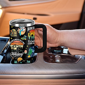 HYMONA 40oz Insulated Hiking Water Bottle - Double Wall Vacuum Coffee Tumbler for Outdoor Adventures, Camping Travel Mug with Straws (Mountain Design), Perfect Hiker Gift for Men & Women