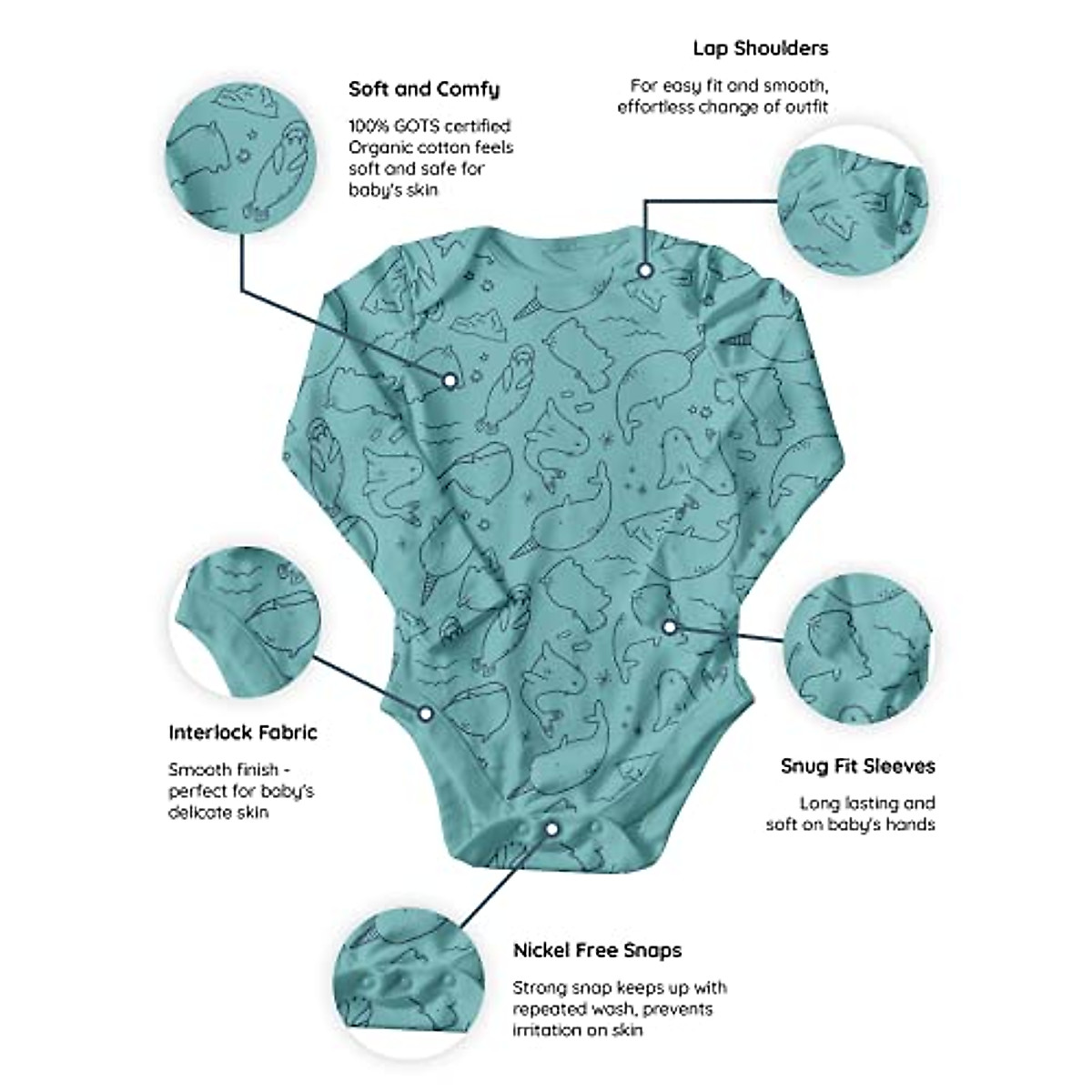 WINK & BLINk Artic Explorer Organic Baby Bodysuits, 4-Pack Long-Sleeve One-Pieces, 100% Organic Cotton 6M