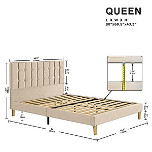 LIKIMIO Queen Bed Frame with Headboard, Velvet Upholstered Platform Beds with Strong Wooden Slats/Mattress Foundation/Easy Assembly, Beige