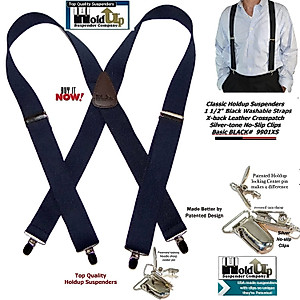 1 1/2" Wide Classic Series Holdups Suspenders for Men in X-back style w/USA Patented No-slip® Silver Clips (Black XS)