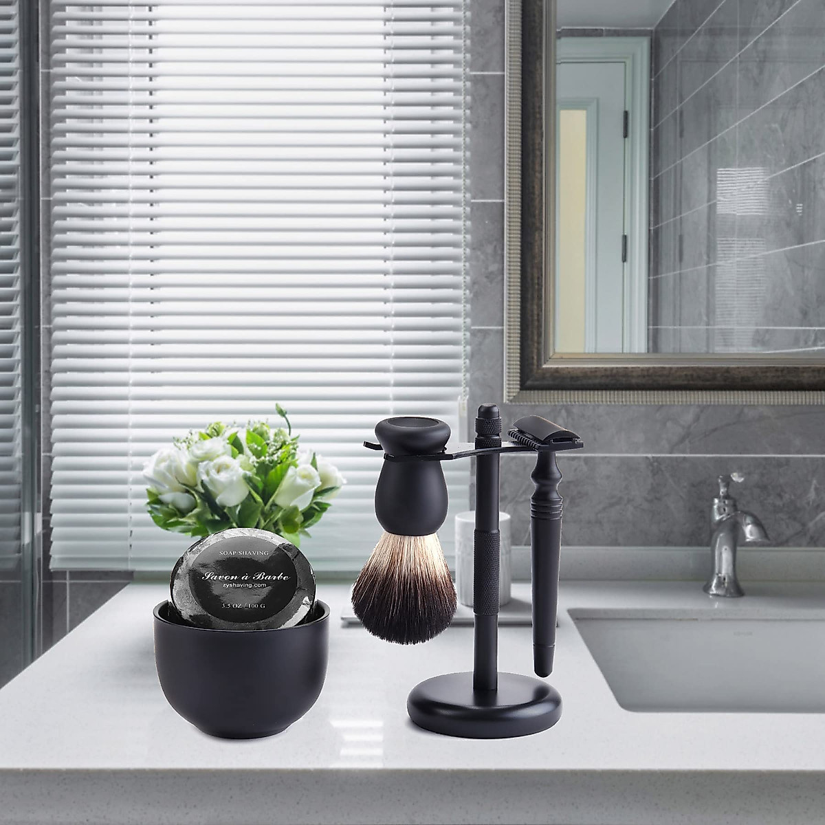 Shaving Razor Kit Double Edage Safety Razor 2 Layers Stainless Steel Shaving Mug Shaving Soap Cream Synthetic Shaving Brush Heavy Chrome Shaving Stand Black Shaving Razor Gift for Men