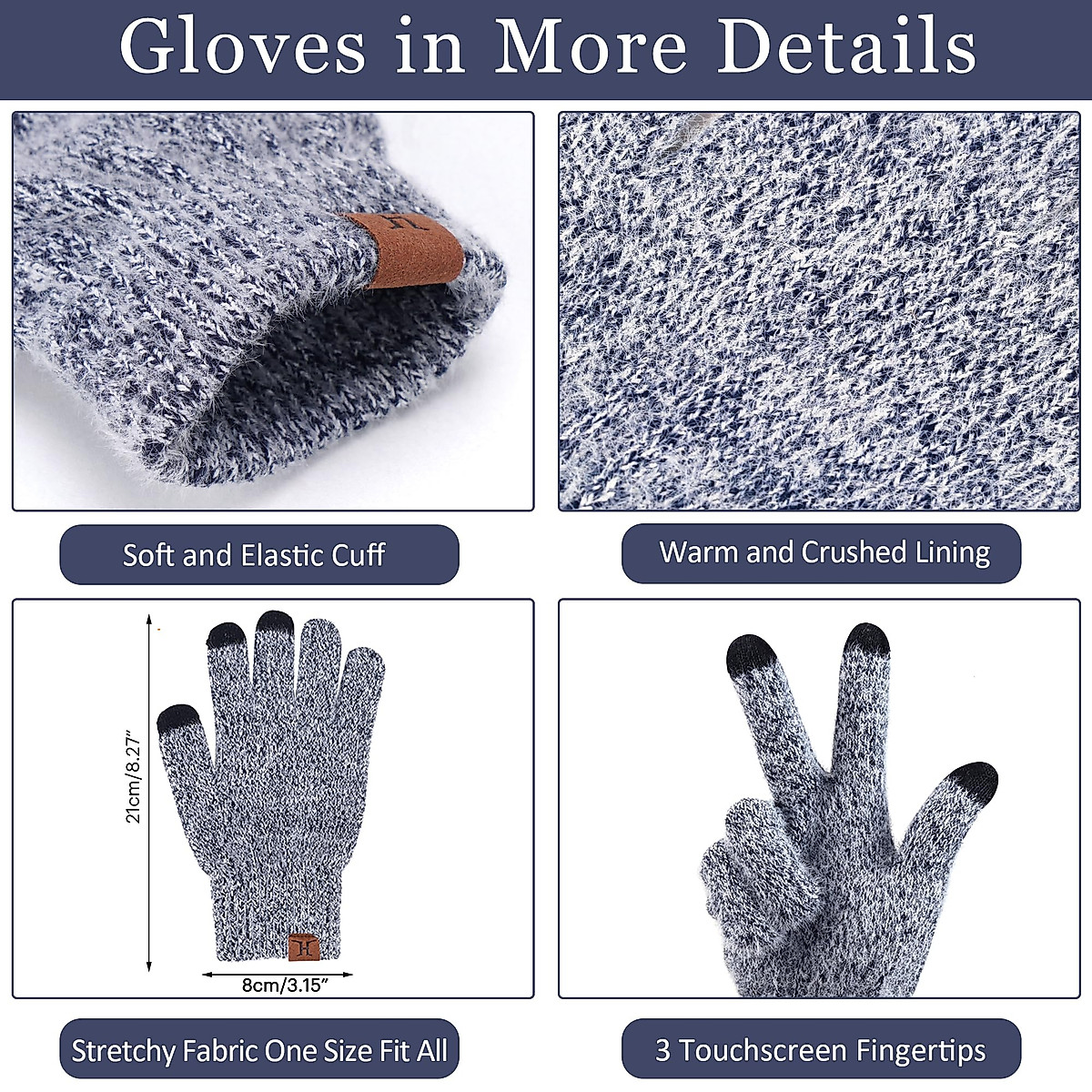 Womens Winter Warm Knit Beanie Hat Touchscreen Gloves Long Neck Scarf Set with Fleece Lined Skull Caps Gifts for Women Men