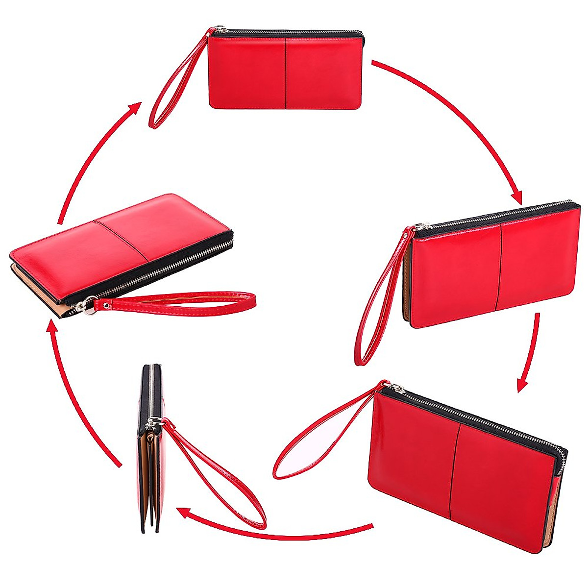 Bonaweite Women's Wristlet Clutches Leather Wallet Purse Cards Holder Red