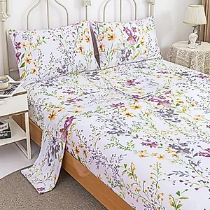RYNGHIPY Cotton Floral Bed Sheet Set Full Size Botanical Flowers Print Girls Bedding Shabby Garden Floral Bed Sheets