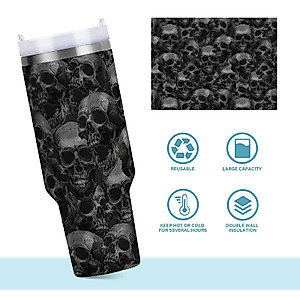 Emelivor Skulls 30 oz Tumbler with Lid and Straw Insulated Tumblers with Handle Leak Proof Travel Coffee Mug Water Cup Bottles Fits in Car Cup Holder