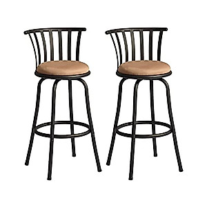 FurnitureR 29 INCH Bar Stools Set of 2 Country Style Industrial Counter Stools, Swivel Barstools with Fabric Seat Metal Back and Footrest for Indoor Bar Dining Kitchen, Brown