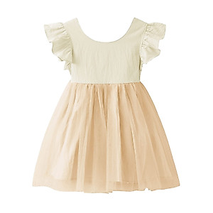 Dutebare Toddler Girls Tulle Tutu Dress Linen Ruffle Tie Back Sleeveless Kids Princess Party Dresses 829 Beige 110