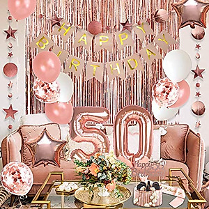 50th Birthday Decorations for Women, Happy Birthday Banner, 50th Birthday Cake Topper Rose Gold Curtain Happy 50th Birthday Sash Number 50 Foil Balloon for Anniversary Decor Birthday Party Backdrop