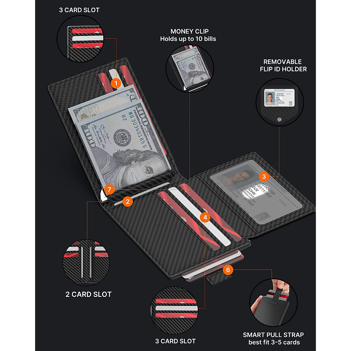 Wallet for Men with Stealth Pocket for Airtag: Leather Wallet with 3 in 1 Design, Removable ID Window, RFID Blocking, 17 Card Capacity, Slim, Carbon Fiber, Bill Divider, Front Wallet with Gift Box