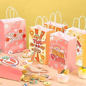 Glenmal 24 Pcs Groovy Party Favor Bags Two Groovy Retro Hippie Goodie Bags Stay Groovy Paper Gift Bags Daisy Flower Treat Bag with Handles for Girls 60's 70's Birthday Baby Shower Party Supplies