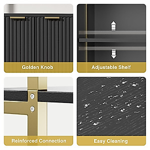 Ladder Bookshelf with Cabinet, 71" Tall Wall Mounted Bookcase with Shelves & Storage, Fluted Ladder Shelf with Metal Frame, 5-Tier Display Rack for Living Room, Home & Office, Bedroom, Black & Gold