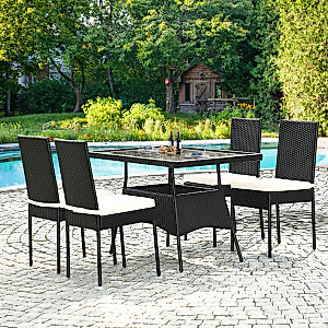 HAPPYGRILL 5-Piece Patio Dining Set Rattan Wicker Table Chairs Set with Cushions & Tempered Glass Table Top, Patio Furniture Outdoor Dining Set for Garden Poolside