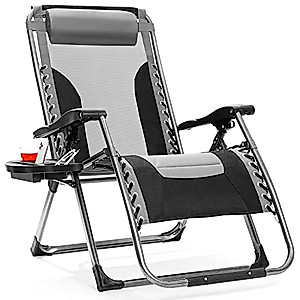 Leteuke Zero Gravity Chair, Oversized XL Zero Gravity Lounge Chair with Mesh Back & Padded Seat, 450 LBS Capacity Outdoor Recliner with Removable Pillow and Tray for Patio Lawn Yard, Gray+Black