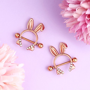 Melighting Bunny Nipple Rings 14G Nipple Piercing Jewelry Surgical Steel 316L Rosy Ear Clear CZ Dainty Nipple Piercing Barbell for Women