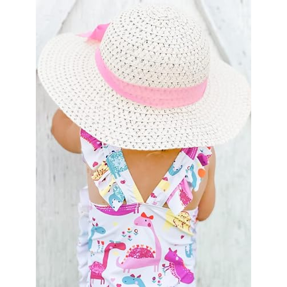 RAISEVERN Baby Girls Swimsuit Ruffles Dinosaur Bathing Suits Cute Cartoon Colorful Flowers Print Beach Sport White Summer One Piece Swimwear Backless Quick-Dry Swimming Bodysuit for 3t 4t Little Girl