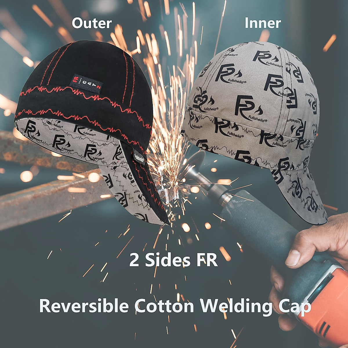 Fullsheild Reversible Welding Cap Flame Resistant CAT 2 Protective FR Welder Hats 6 Pannel Midweight Printed for Men Women 2PCS 7 1/2